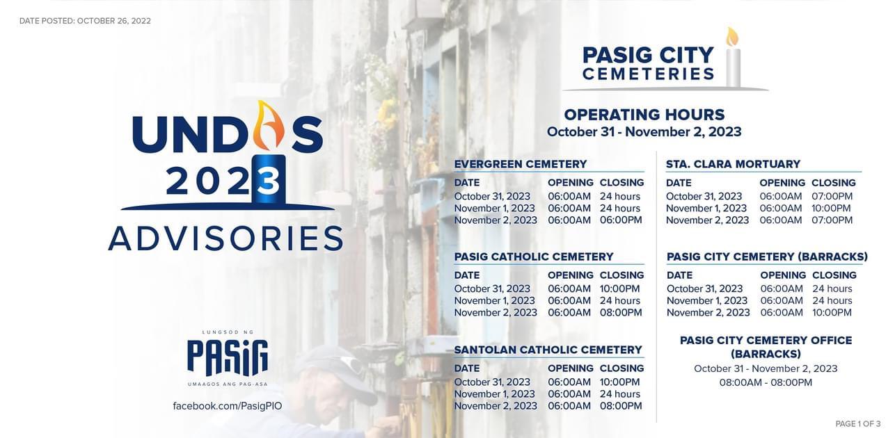 Pasig traffic advisory, cemetery schedules for Undas 2023 - Philippine ...