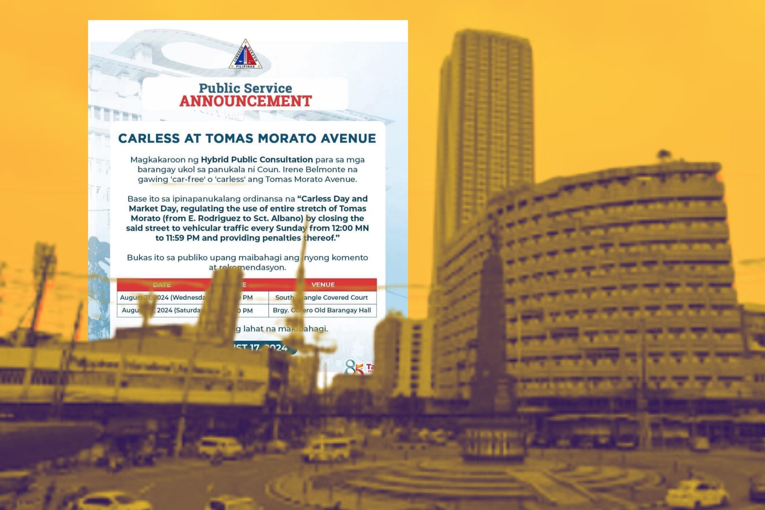 'Carless Sundays' proposed in Tomas Morato, QC - Philippine Daily Post