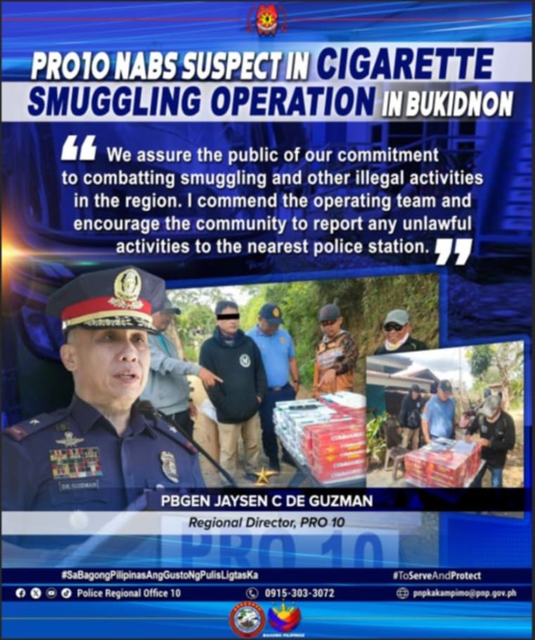 PRO10 NABS SUSPECT IN CIGARETE SMUGGLING OPERATION IN BUKIDNON - Philippine Daily Post