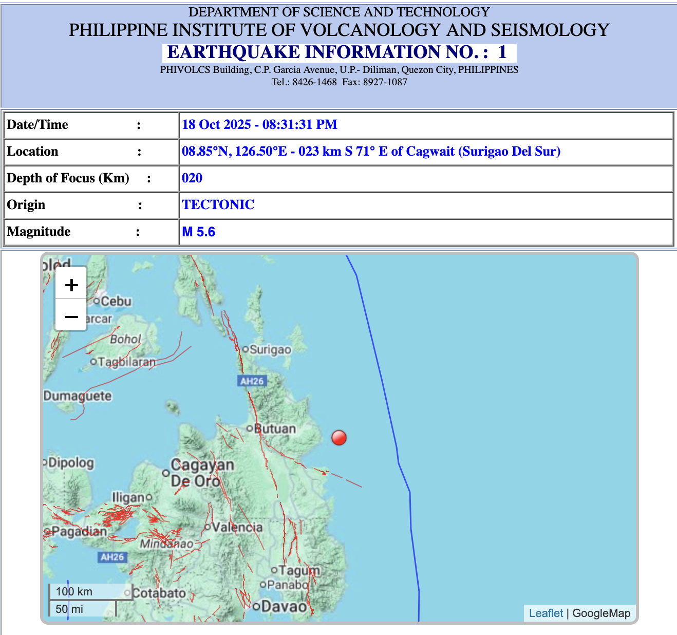 5.6 Magnitude Earthquake Strikes Cagwait, Surigao del Sur - Philippine ...